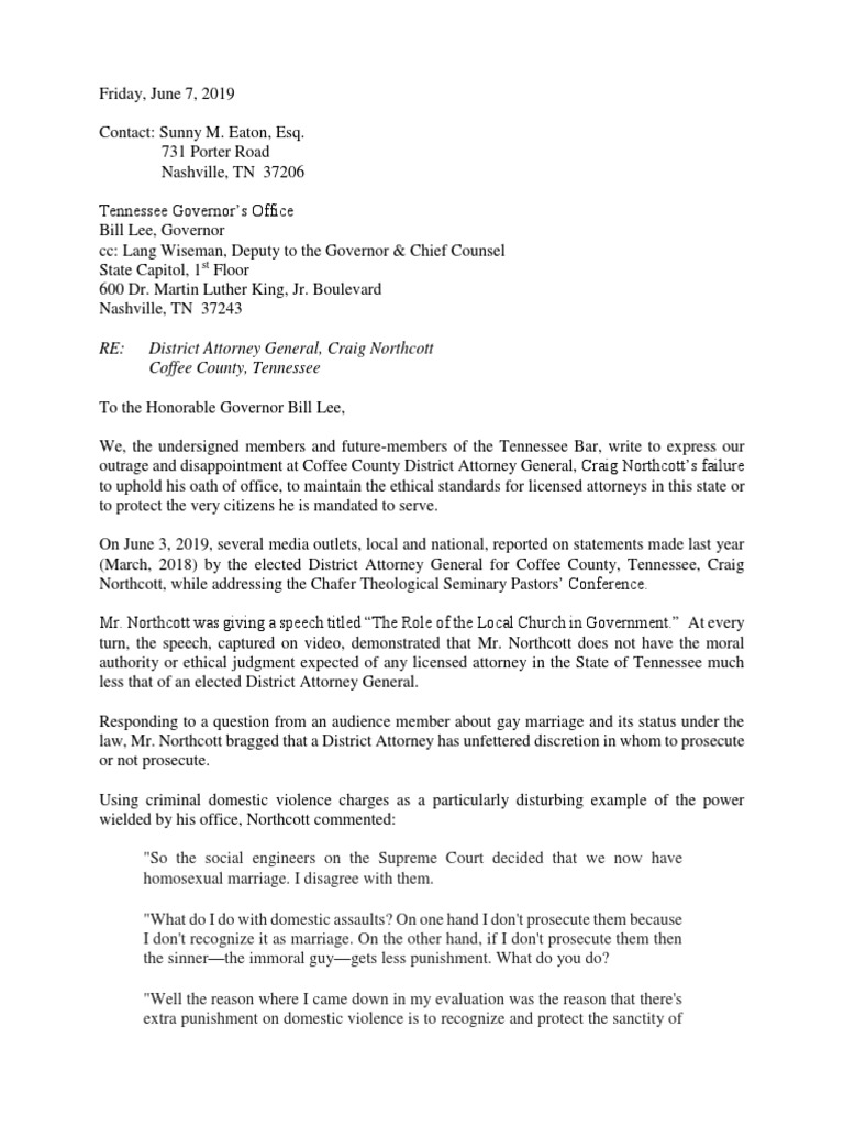 Letter To Tennessee Gov. Bill Lee From Attorneys About DA Craig ...