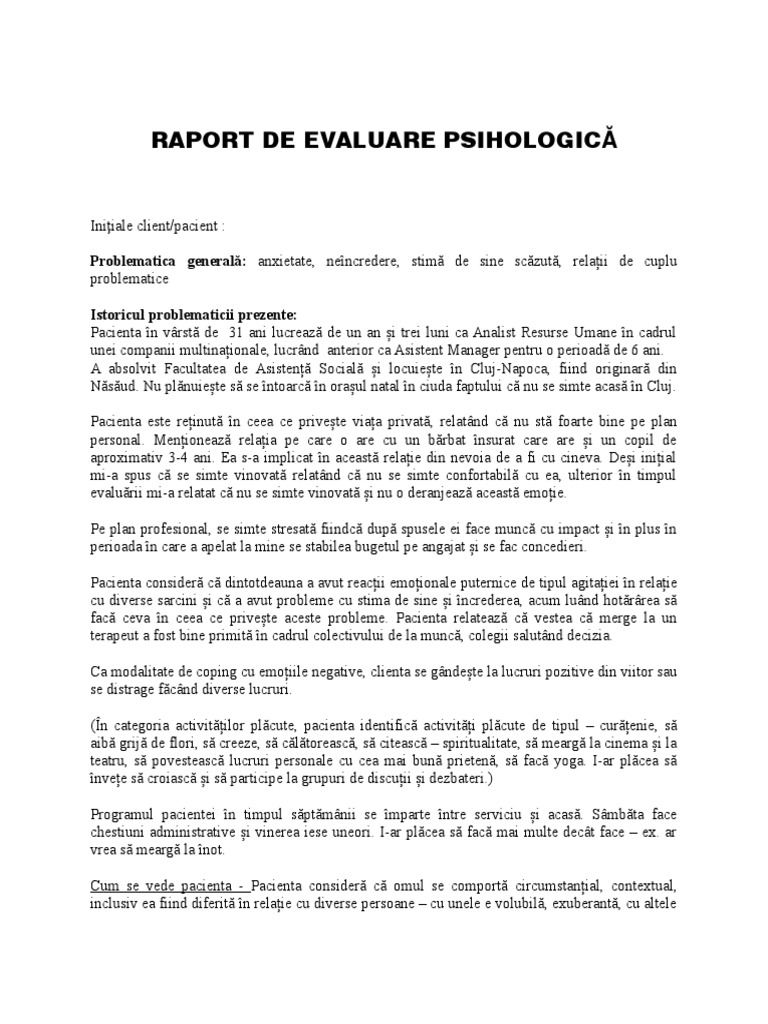 Model de Raport de Evaluare Psihologica - Completat | PDF
