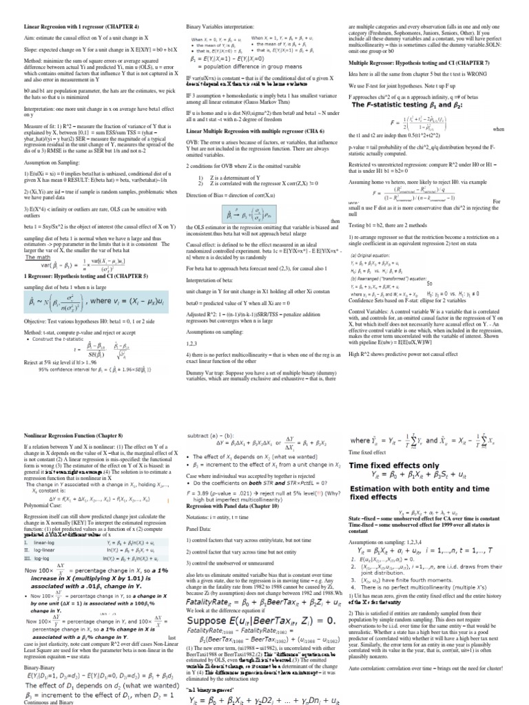 Econometrics Cheat Sheet Stock and Watson | PDF | Ordinary Least ...