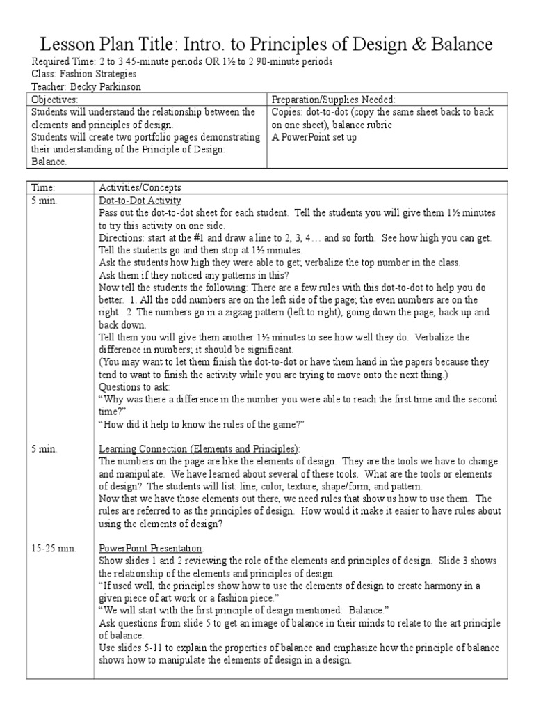 Intro To Principles of Design and Balance Lesson Plan 1 | PDF | Lesson ...