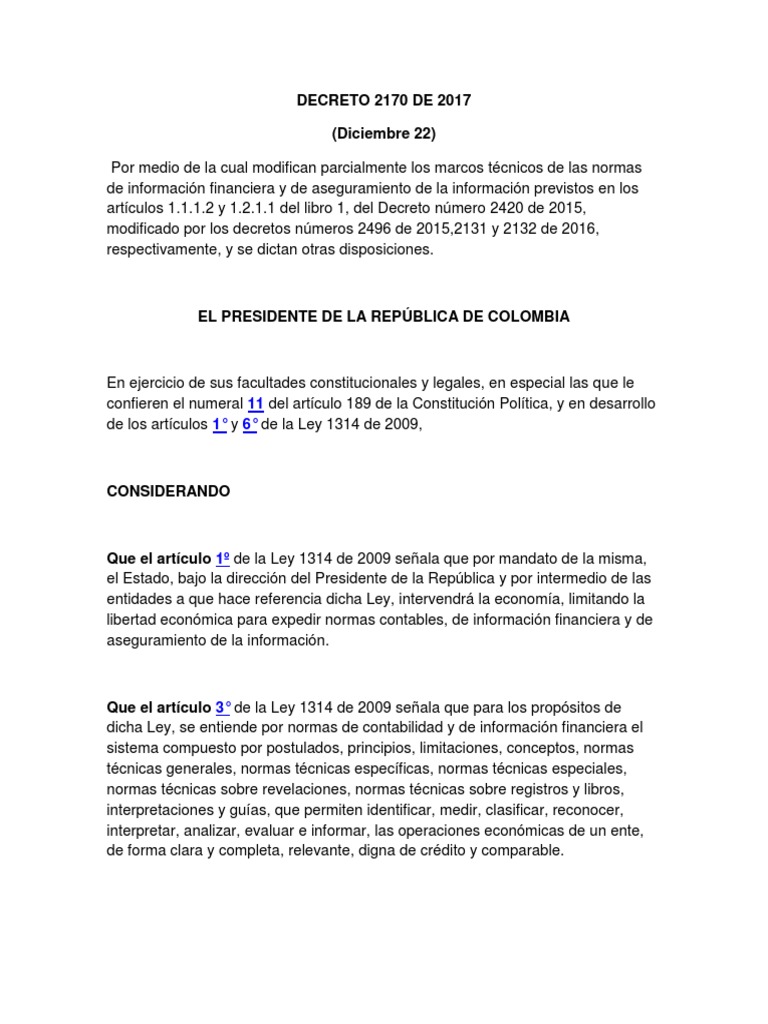 Decreto 2170 de 2017 | PDF | normas internacionales de INFORMACION FINANCIERA | Contador