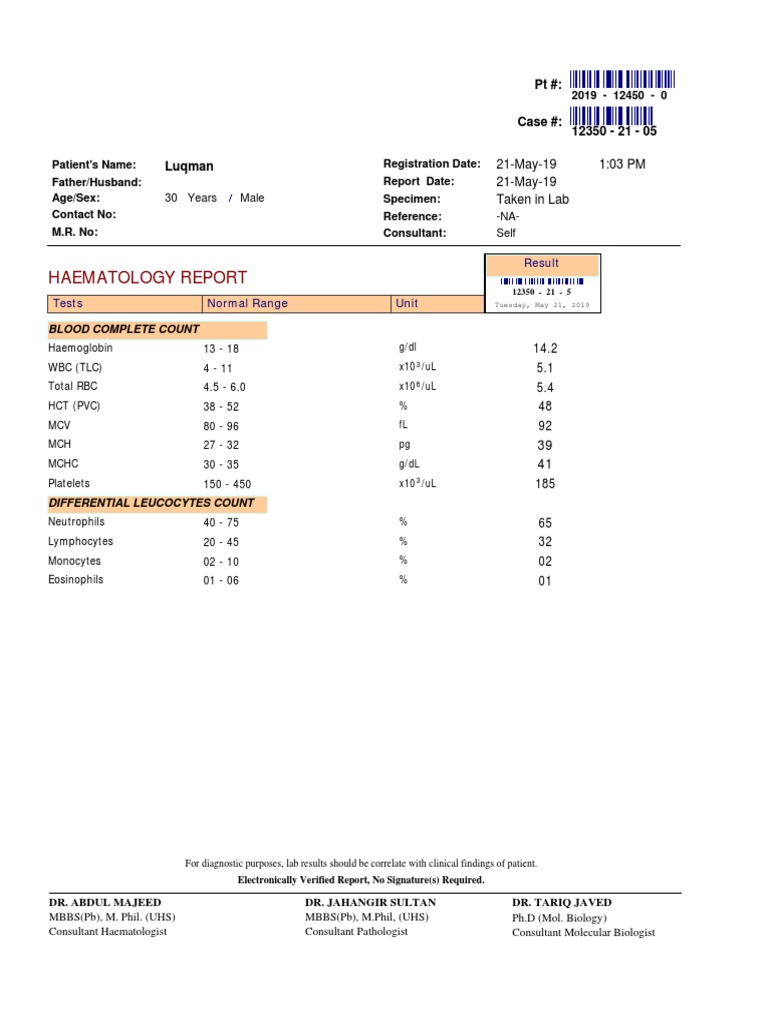 Haematology Report: Blood Complete Count | Download Free PDF | White ...