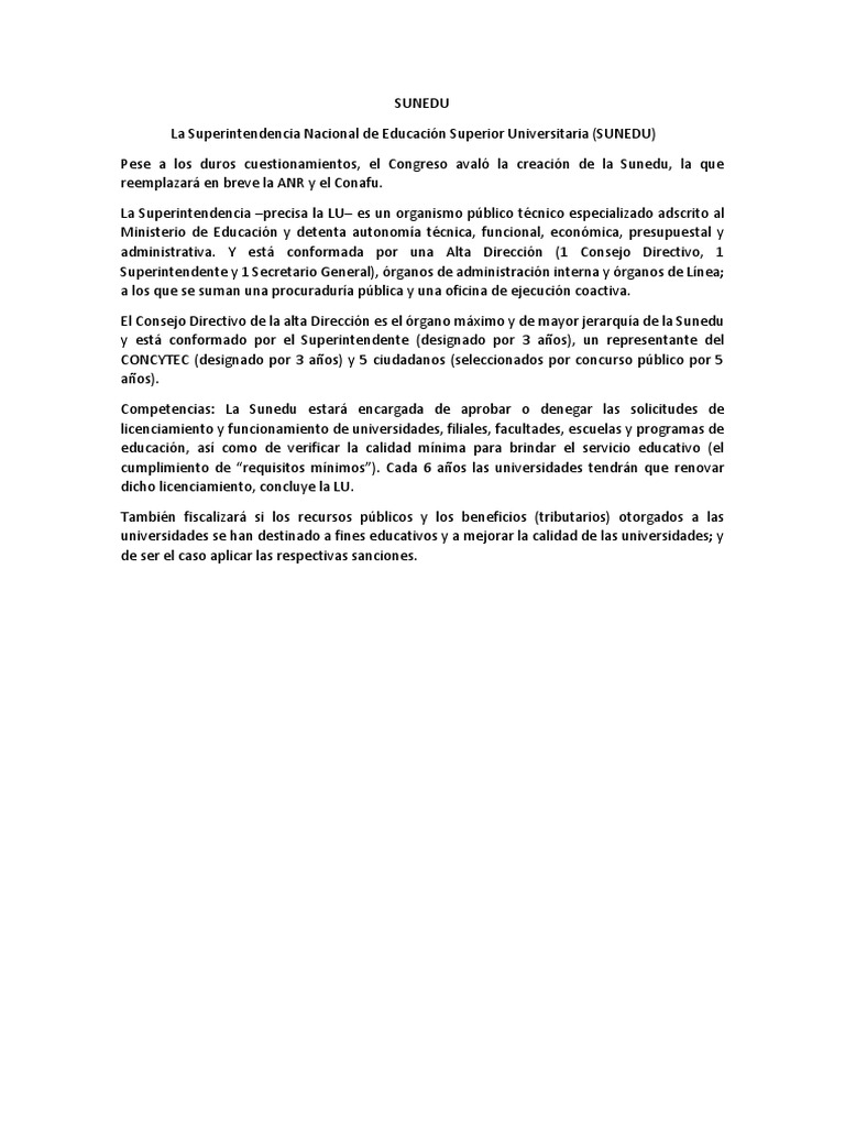 Creación y funciones de SUNEDU y SINEACE | PDF | Universidad | Gobierno