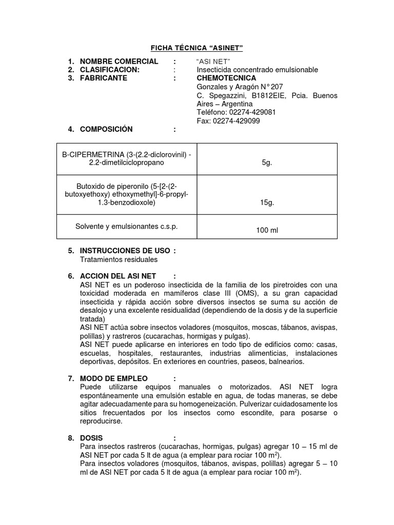 Ficha Técnica de ASI NET Insecticida | PDF | Insectos | Agua