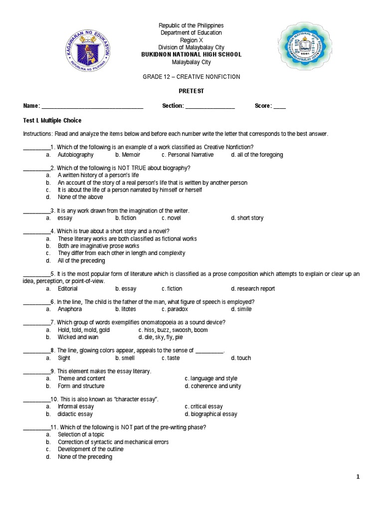 Grade 12 Creative Nonfiction Pretest | PDF | Creative Nonfiction ...