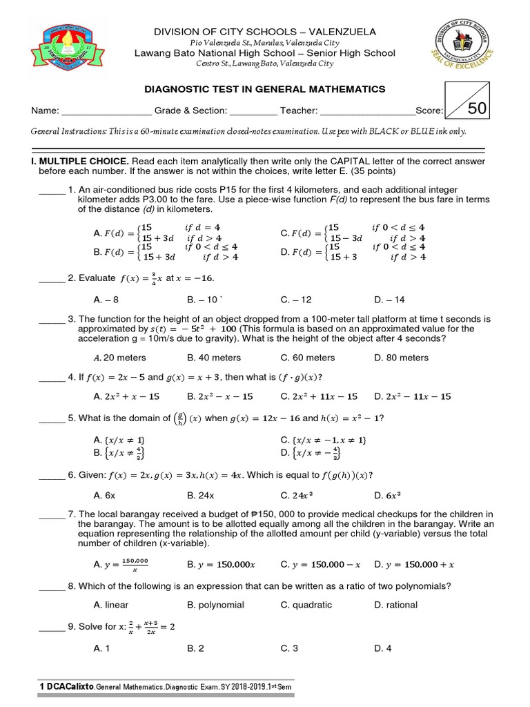 Diagnostic Test in General Mathematics | PDF | Function (Mathematics ...