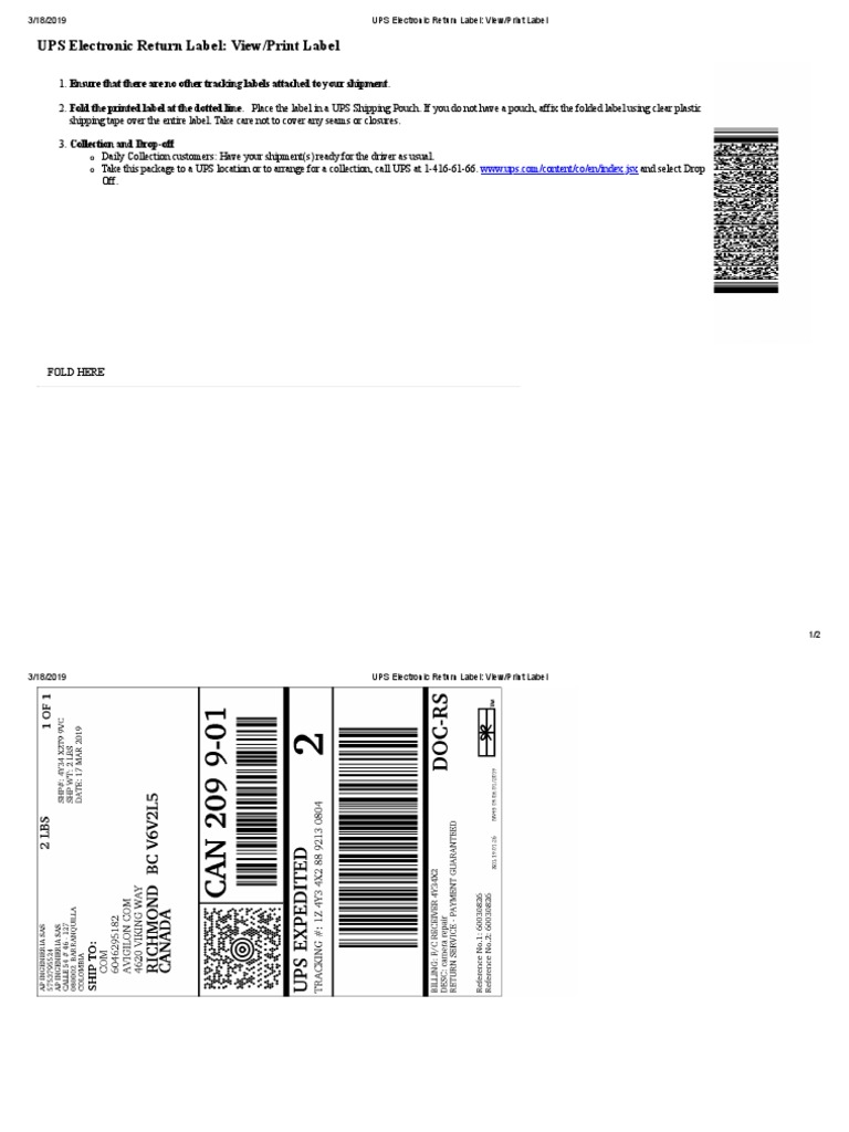 UPS Electronic Return Label - View - Print Label, RMA 60030826 | PDF