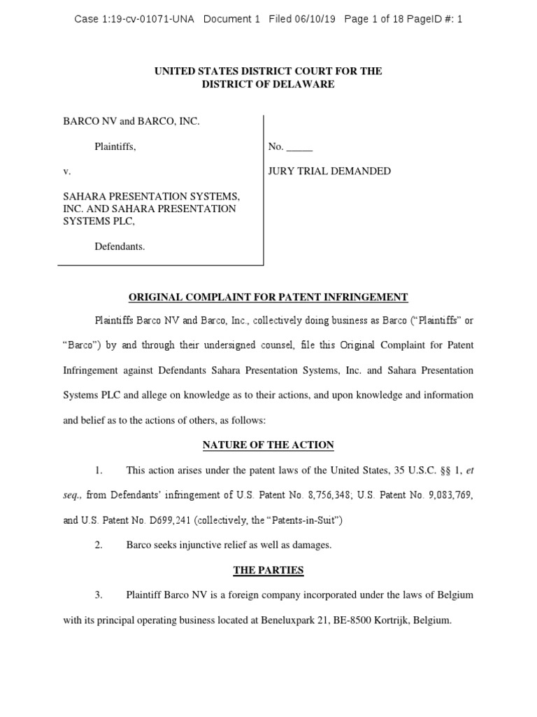 Barco v. Sahara Presentation - Complaint | PDF | Patent Infringement | Patent Claim