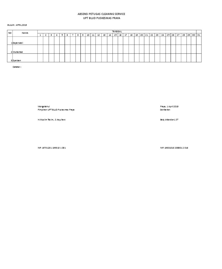 Absensi Petugas Cleaning Service Upt Blud Puskesmas Praya | PDF