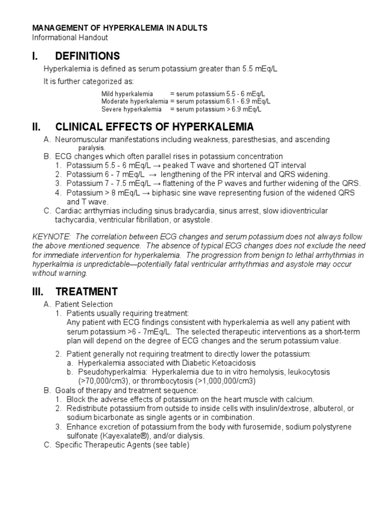 I. Definitions: Management of Hyperkalemia in Adults | PDF ...