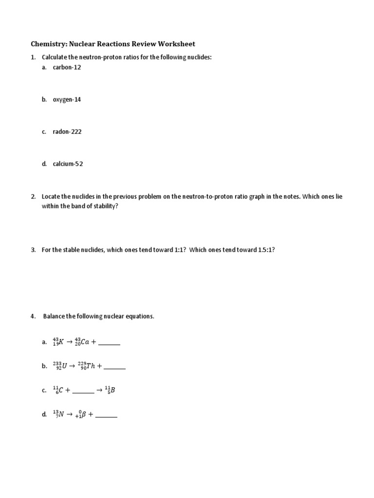 Chemistry: Nuclear Reactions Review Worksheet | PDF | Radioactive Decay ...