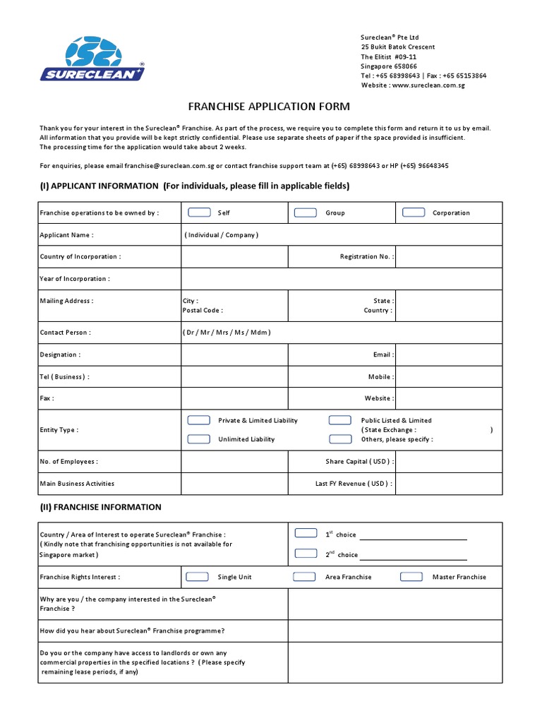 Sureclean Franchise Application Form (Sept 2017) | PDF | Franchising ...