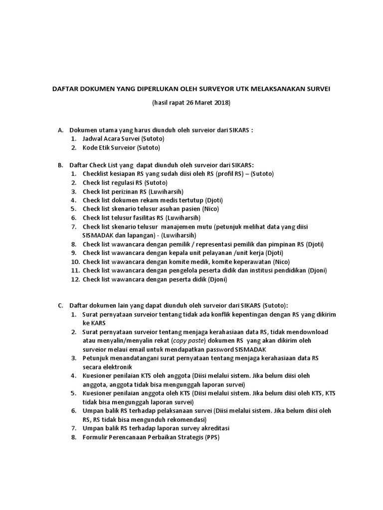 Daftar Ceklis Untuk Surveyor Sebelum Survey - 26 Maret 2018 | PDF