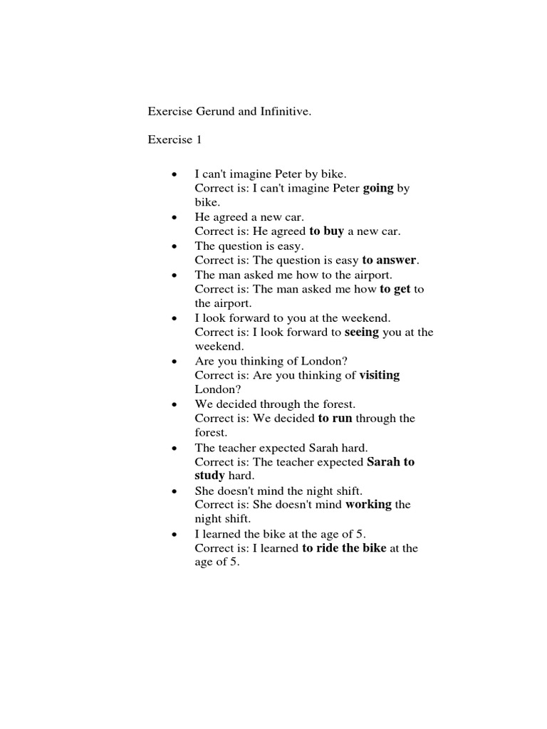 Gerund and Infinitive Exercises | PDF | Syntax | Grammar