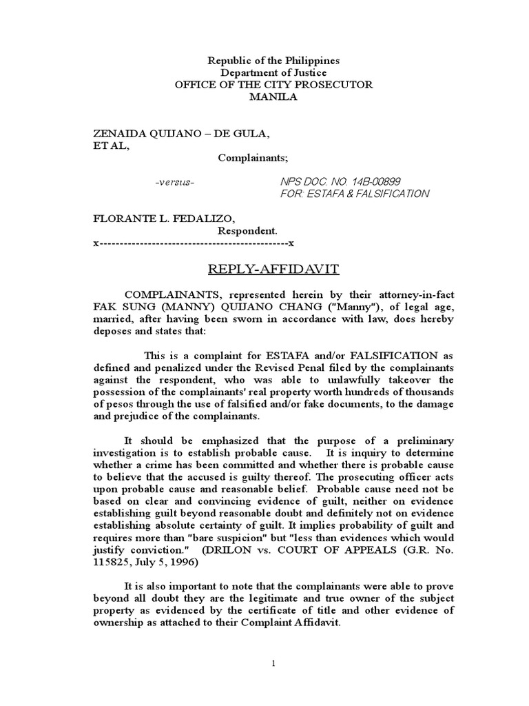Reply-Affidavit: - Versus | Download Free PDF | Probable Cause | Fraud