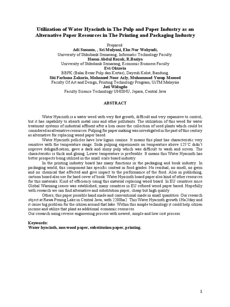 Utilization of Water Hyacinth in The Pulp and Paper Industry As An ...