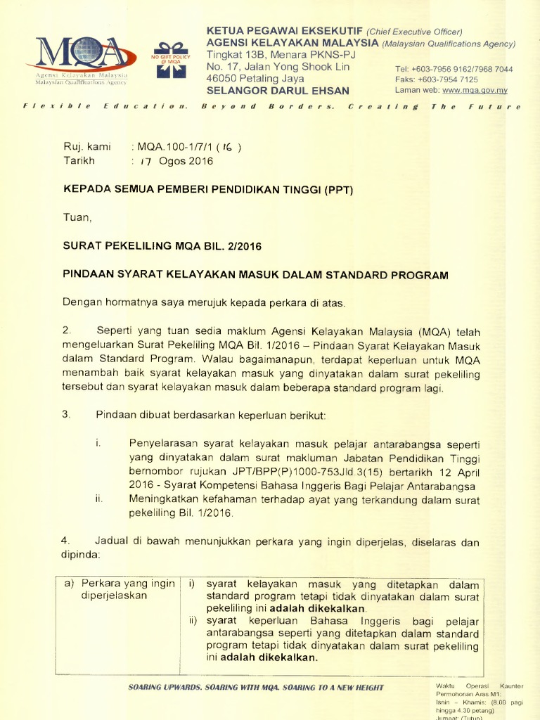 Surat Pekeliling MQA Bil. 2 Tahun 2016 | PDF