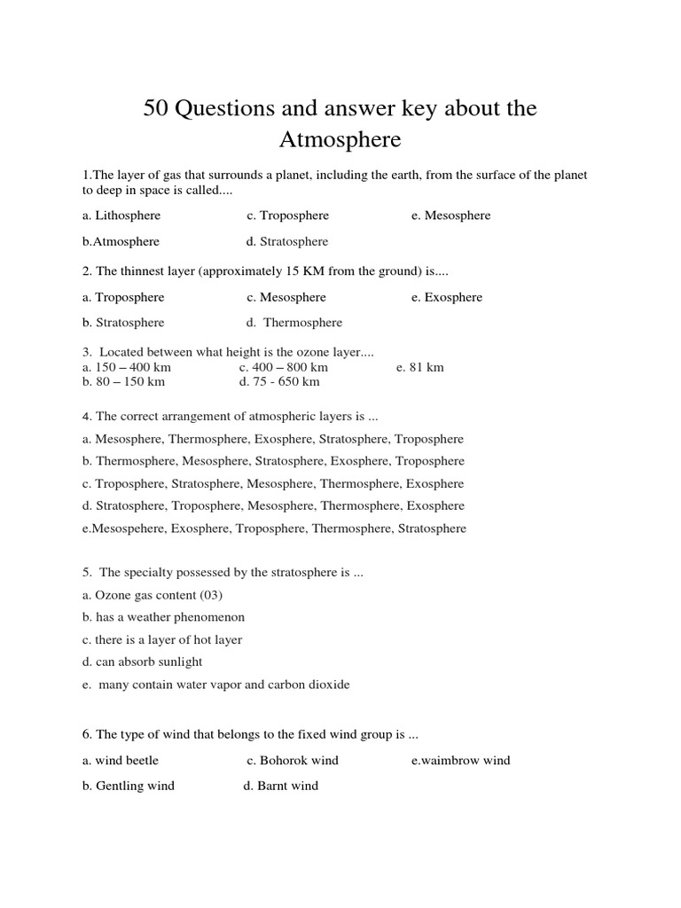 Atmosphere Quiz and Answer Key | PDF | Atmosphere | Stratosphere