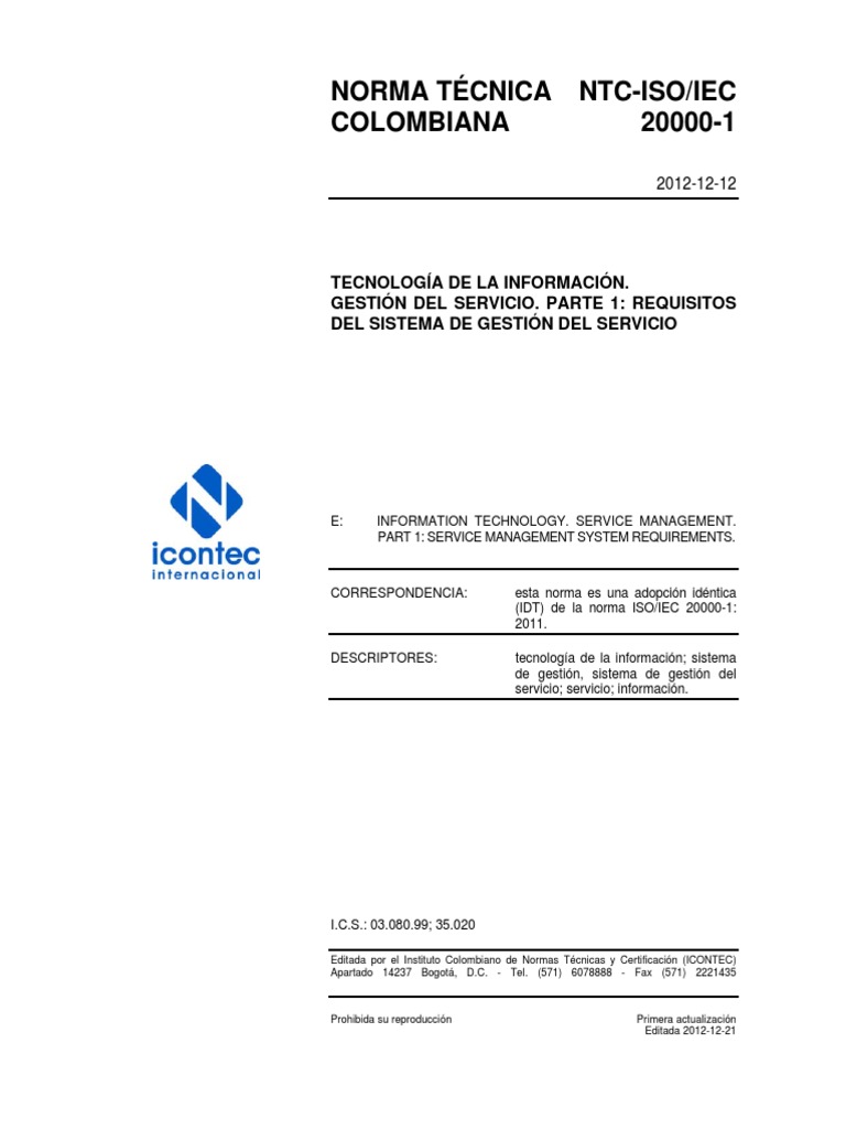 NTC-ISO-IEC 20000-1 v2012 | Organización internacional para la estandarización | Tecnología e ...