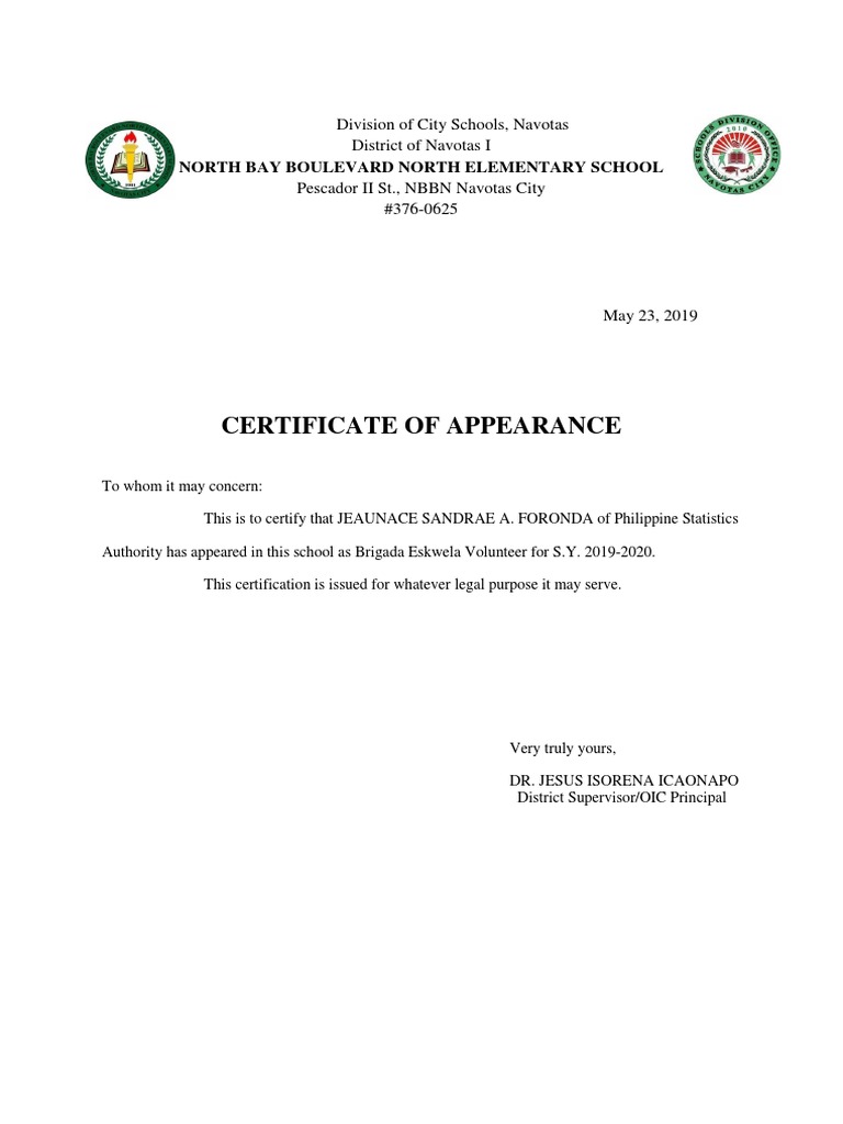 Certificate of Appearance: North Bay Boulevard North Elementary School ...