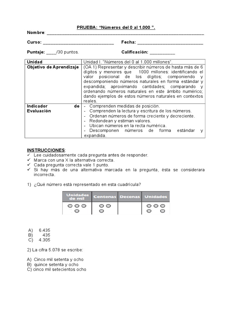 Evaluación de Números del 0 al 1.000 | PDF | Euro | Notación