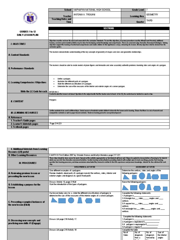 DLP Grade 7 | PDF | Polygon | Teachers
