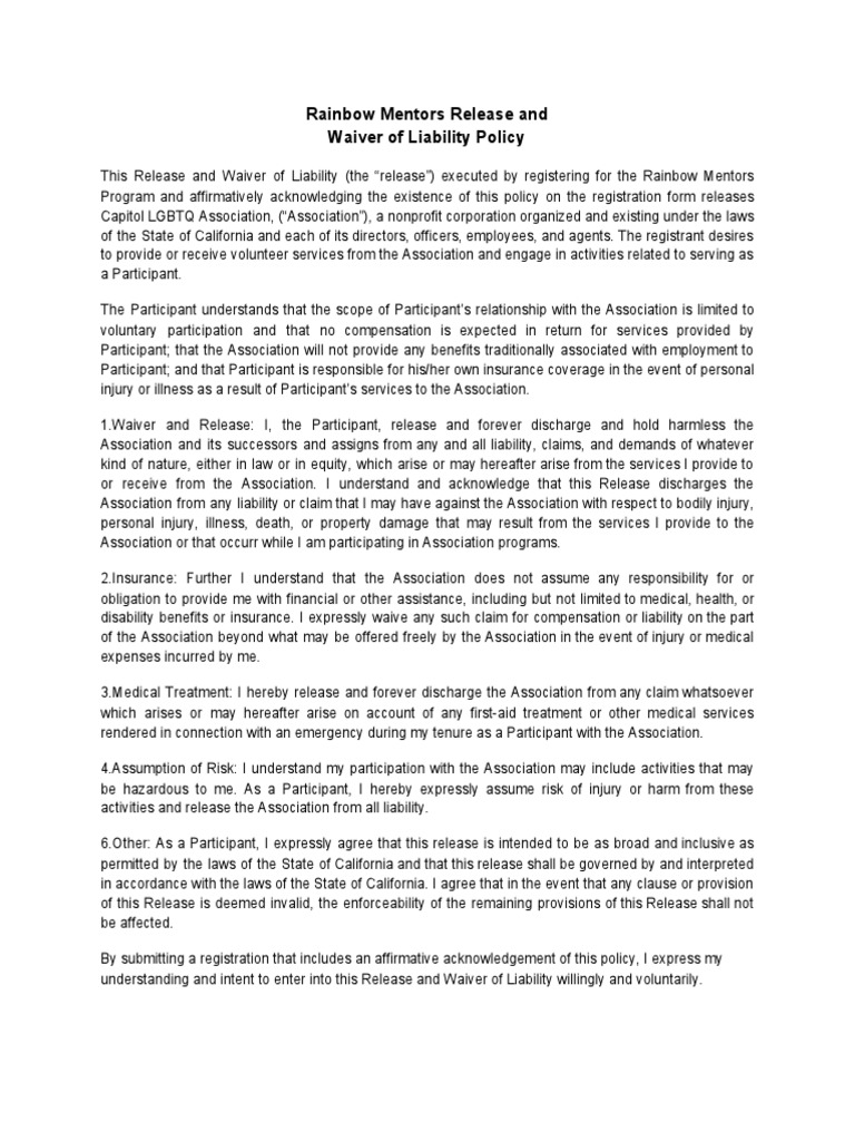 Rainbow Mentors Release and Waiver of Liability Policy PDF | Download ...