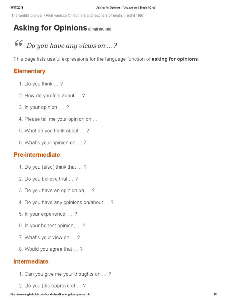 Asking For Opinions - Vocabulary - EnglishClub | PDF | Truth ...