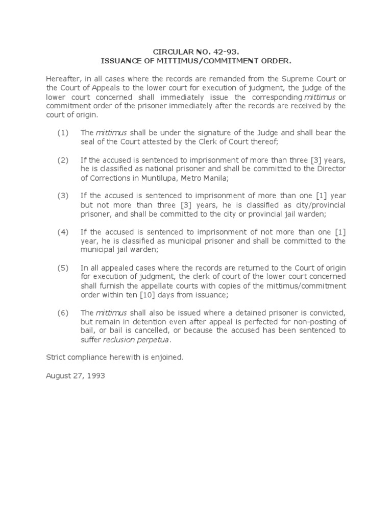 Guidelines On Issuance of Mittimus