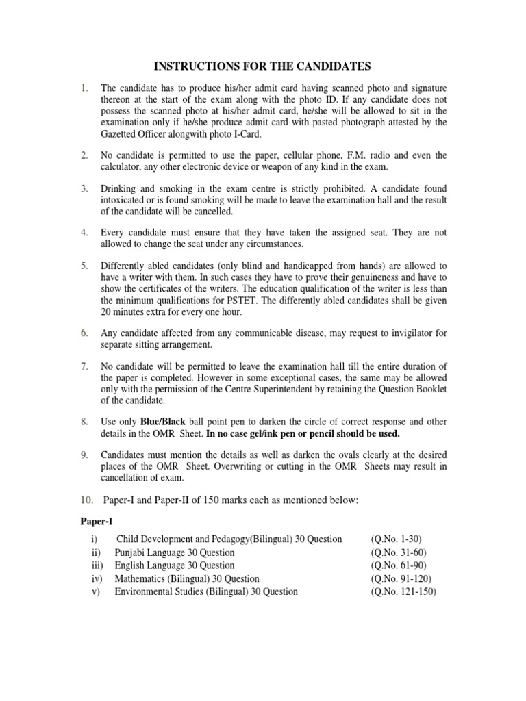 Instructions For The Candidates: Paper-I and Paper-II of 150 Marks Each ...