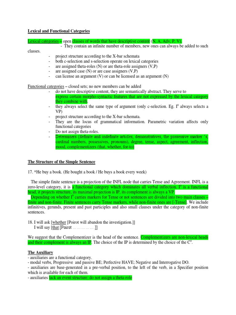 Lexical and Functional Categories Auxiliaries Theta Roles | PDF | Part ...
