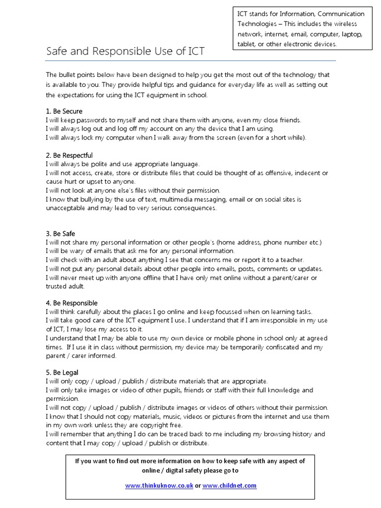 Safe and Responsible Use of Ict for Older Pupils | Educational ...