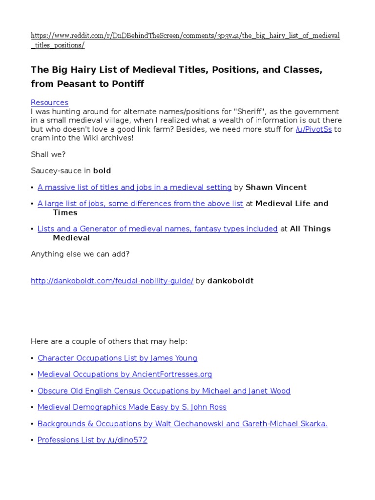 The Big Hairy List of Medieval Titles, Positions, and Classes, From ...