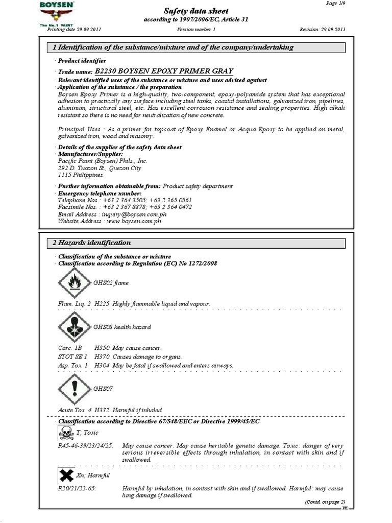 Boysen Epoxy Primer Gray Safety Data Sheet | PDF | Dangerous Goods ...