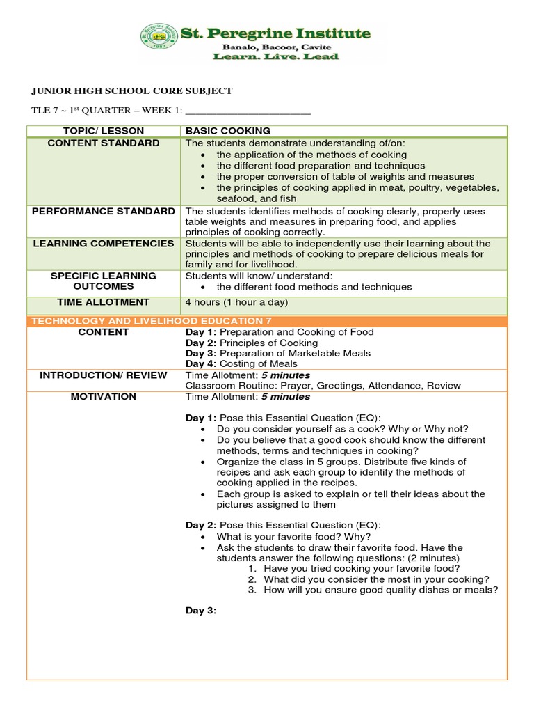 Tle 7 - Q1.W1 | PDF | Cooking | Meal