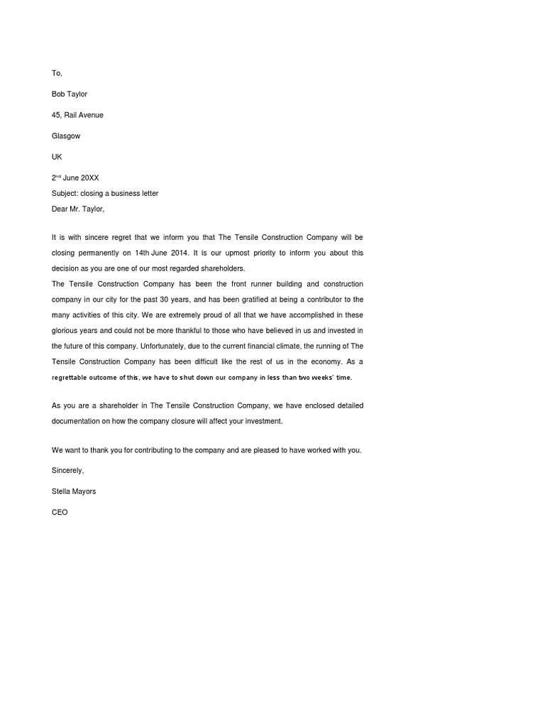 Sample Business Closing Letter | PDF