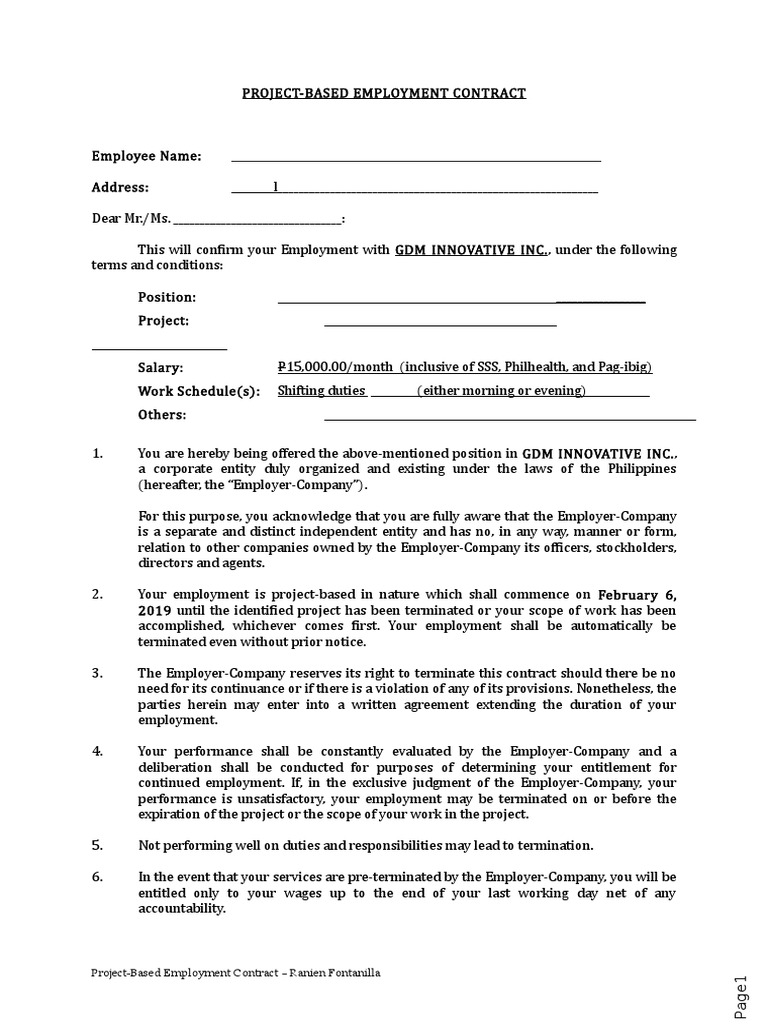 Project Based Employment Contract - Template - Non Probationary | PDF ...