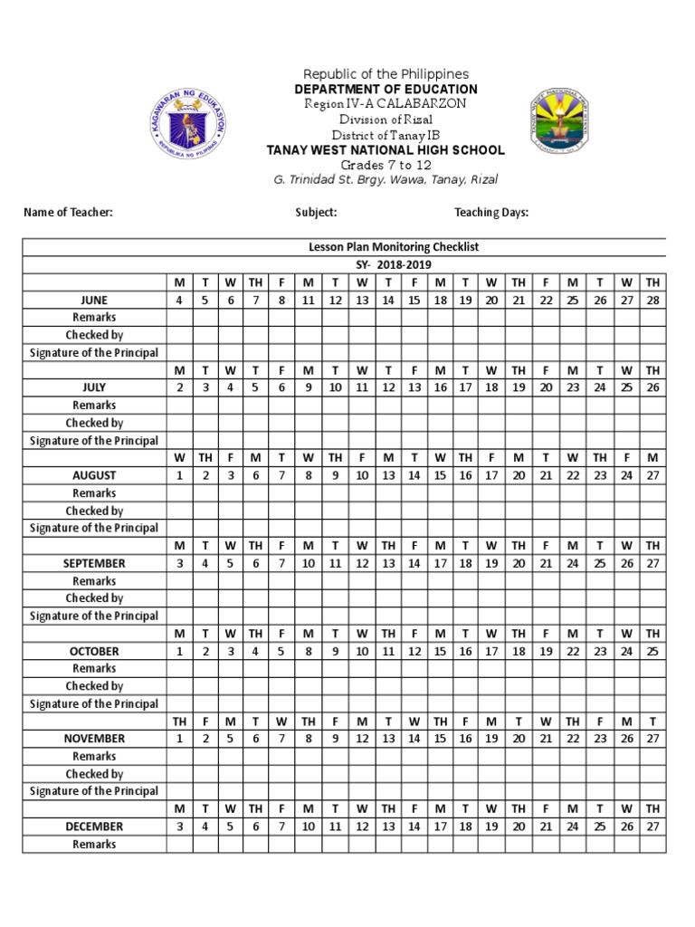 Tanay West National High School Lesson Plan Monitoring Checklist for SY ...