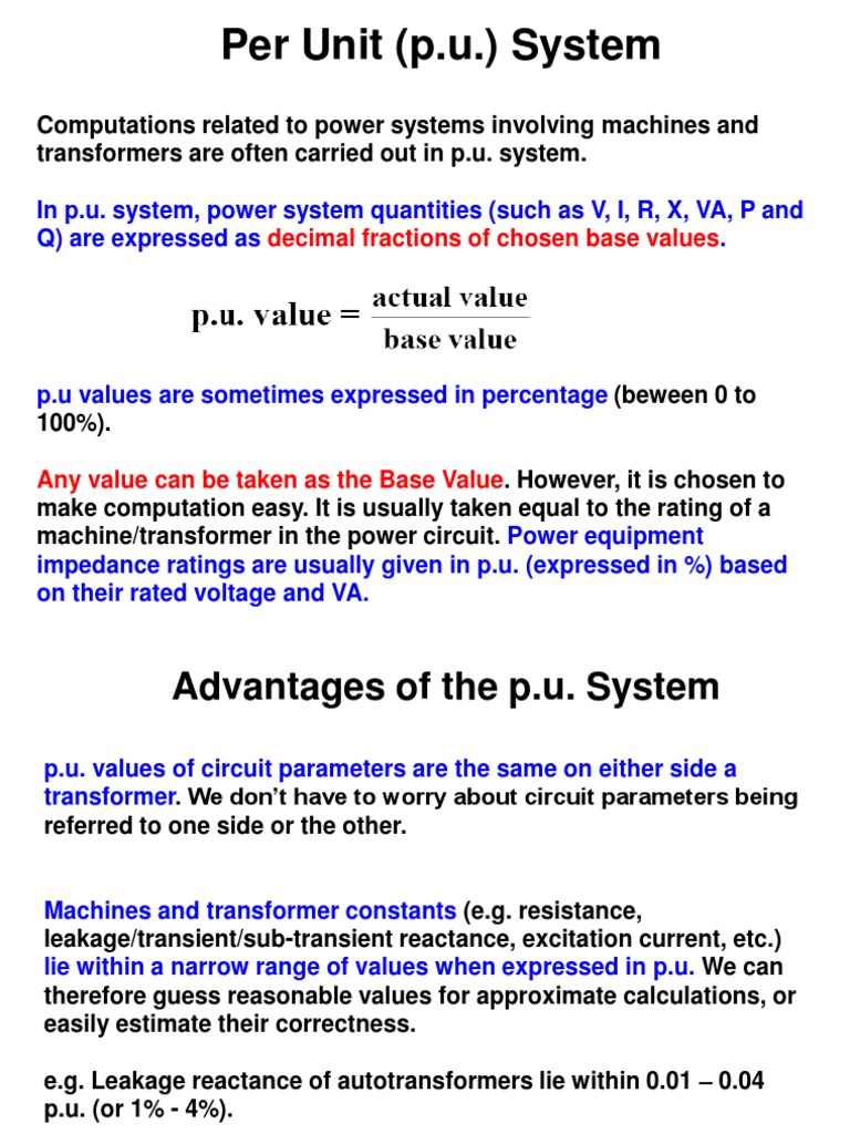 Per Unit (P.u.) System: Decimal Fractions of Chosen Base Values | PDF ...