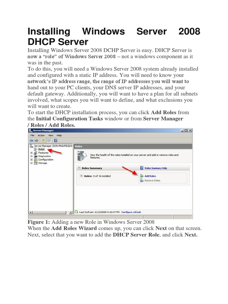 Installing Windows Server 2008 DHCP Server: / Roles / Add Roles | PDF