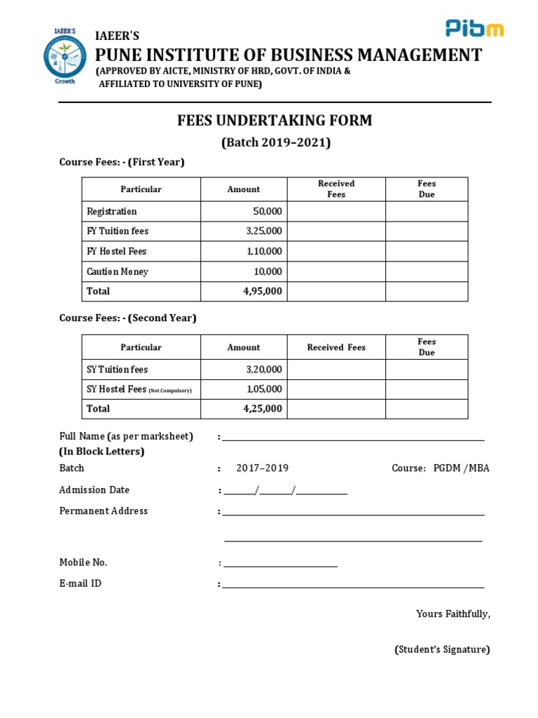 Pune Institute of Business Management: Fees Undertaking Form | PDF | Fee | Payments