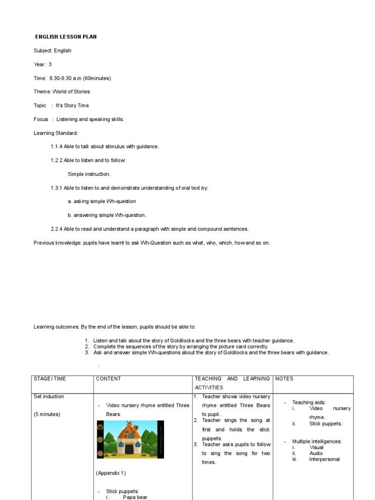 Lesson-Plan-Story Three Bears Goldielocks | PDF | Goldilocks And The ...