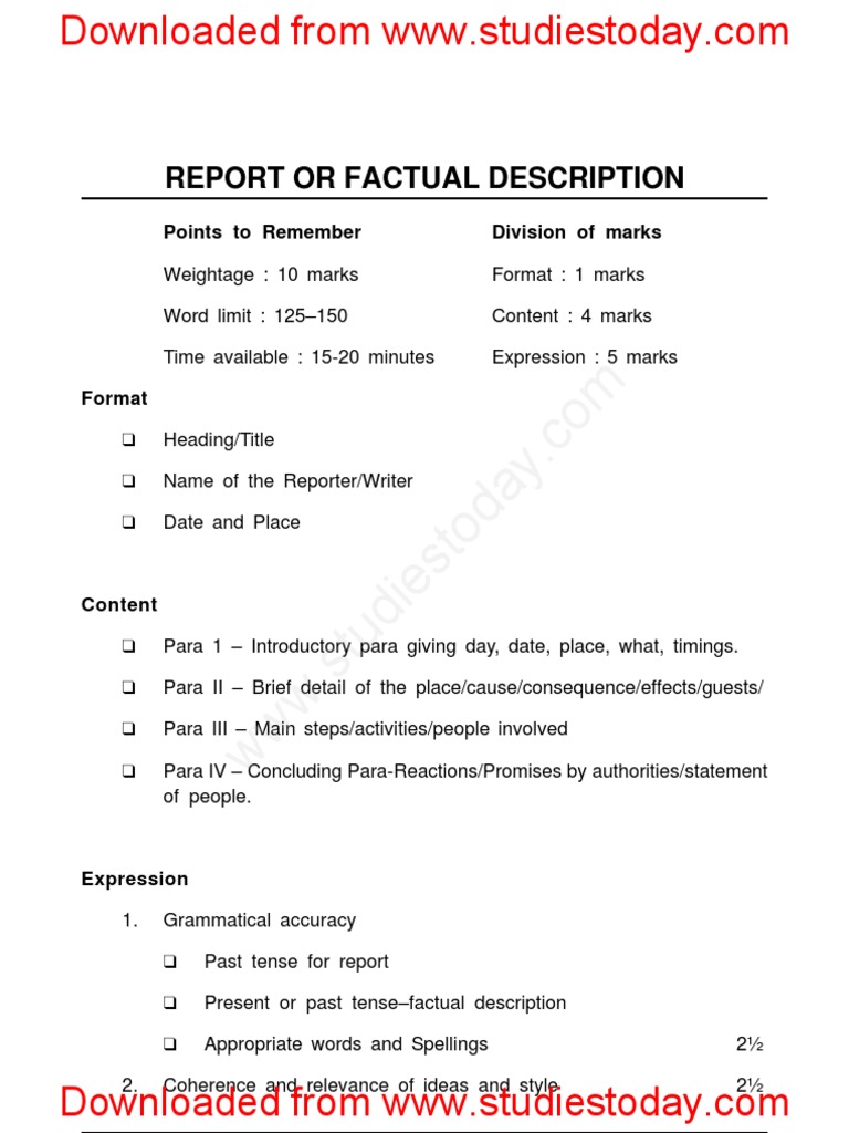 CBSE Class 12 English Report or Factual Description | PDF