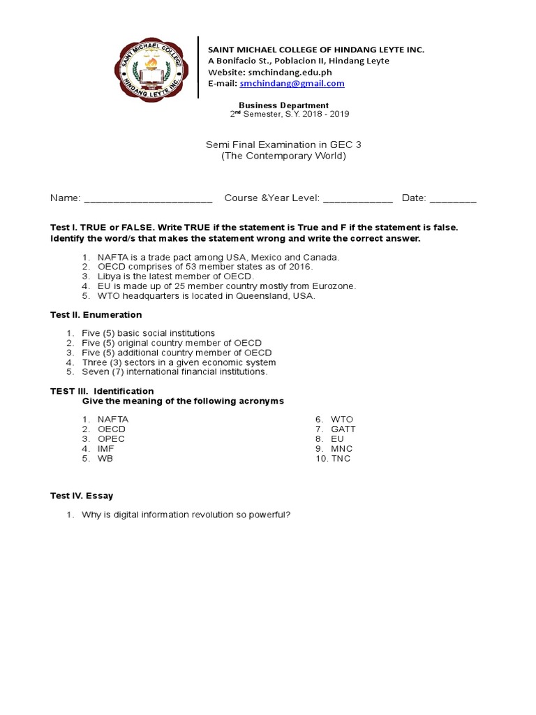 Semi Final Exam: Contemporary World | PDF