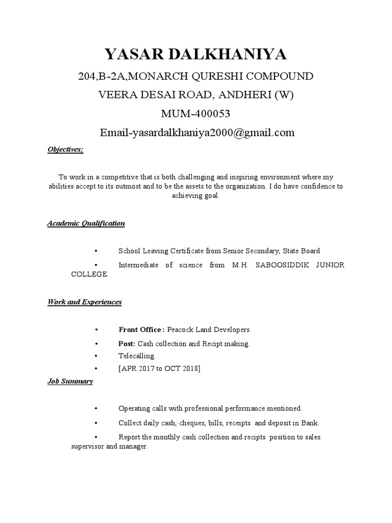 Yasar Dalkhaniya: 204, B-2A, Monarch Qureshi Compound Veera Desai Road, Andheri (W) MUM-400053 | PDF