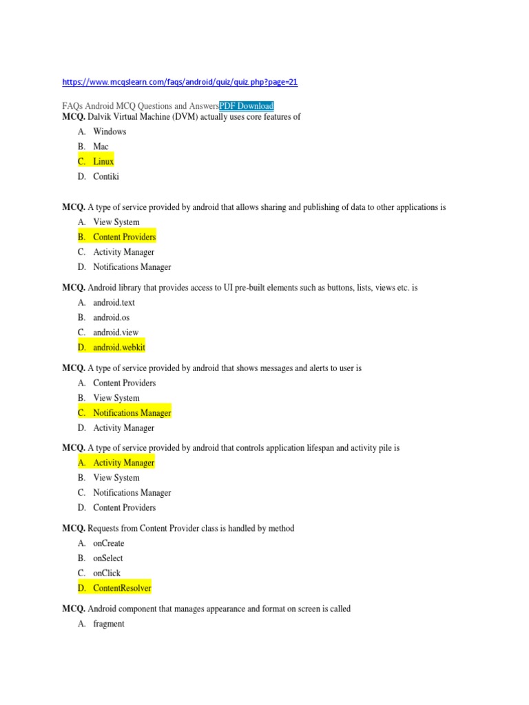 Android Mcq Questions And Answers Pdf Pdf Android Operating System Class Computer