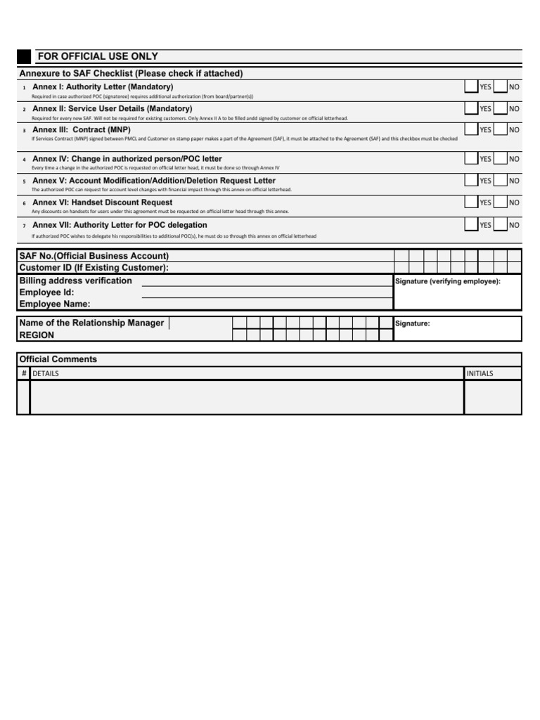 For Official Use Only: Annexure To SAF Checklist (Please Check If ...
