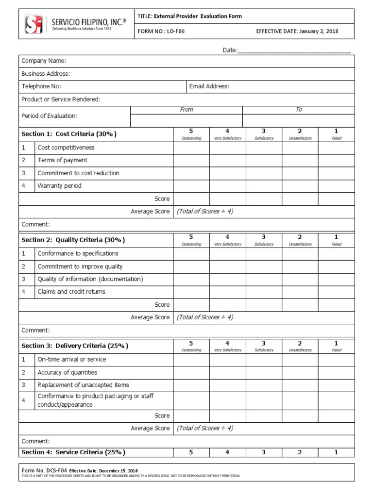External Provider Evaluation Form | PDF | Evaluation | Business