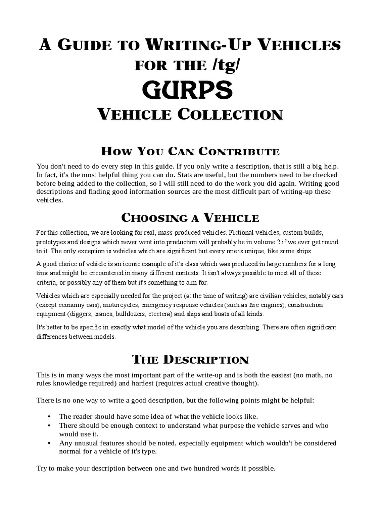 GURPS 4e - (Unofficial) Vehicles TG Guide PDF | PDF | Fuel Economy In ...