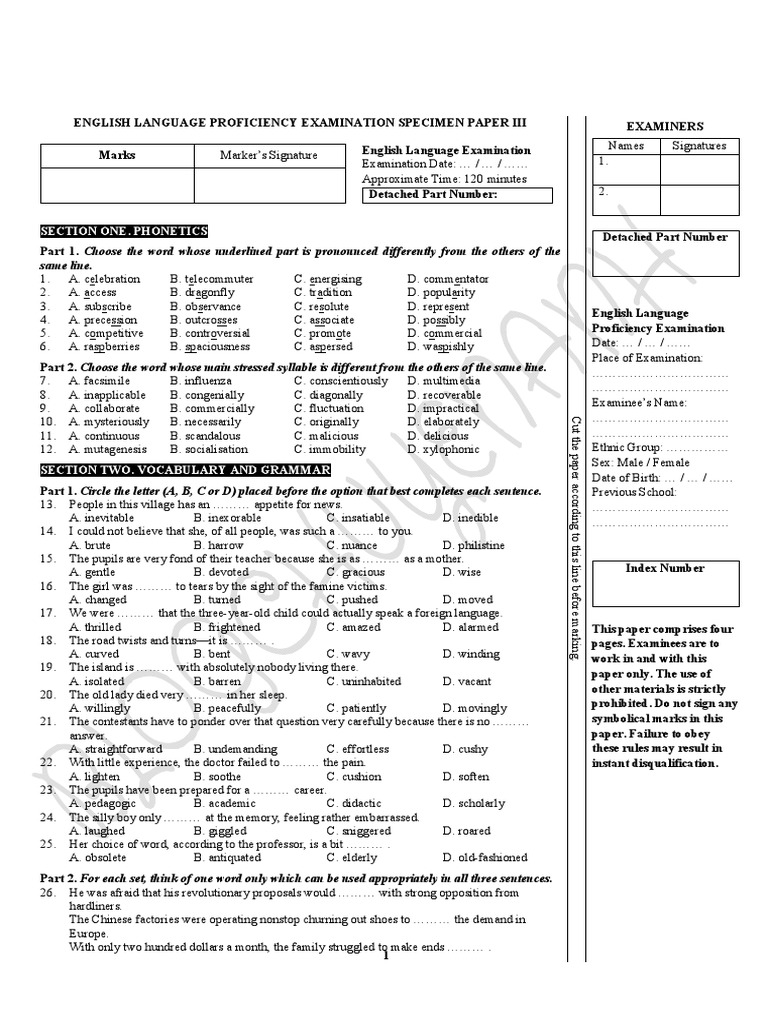 English Language Proficiency Exam Paper | PDF | Books | Publishing